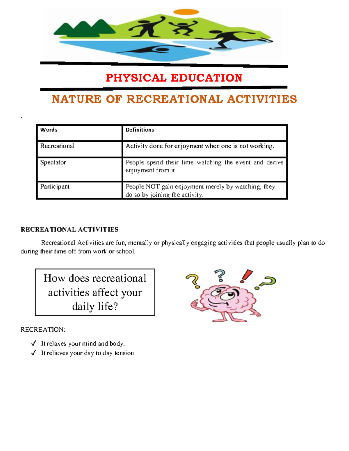 PE Lesson 1 - Overview of Recreational Activities in Physical Ed - Studocu