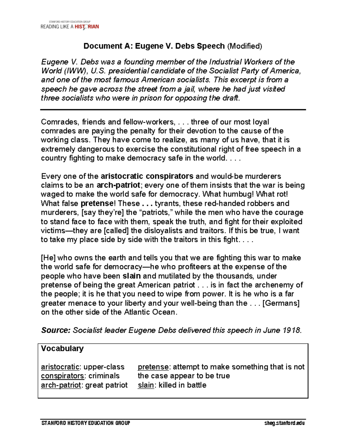 9.2 Sedition in WWI Documents - Worksheet - Document A: Eugene V. Debs ...
