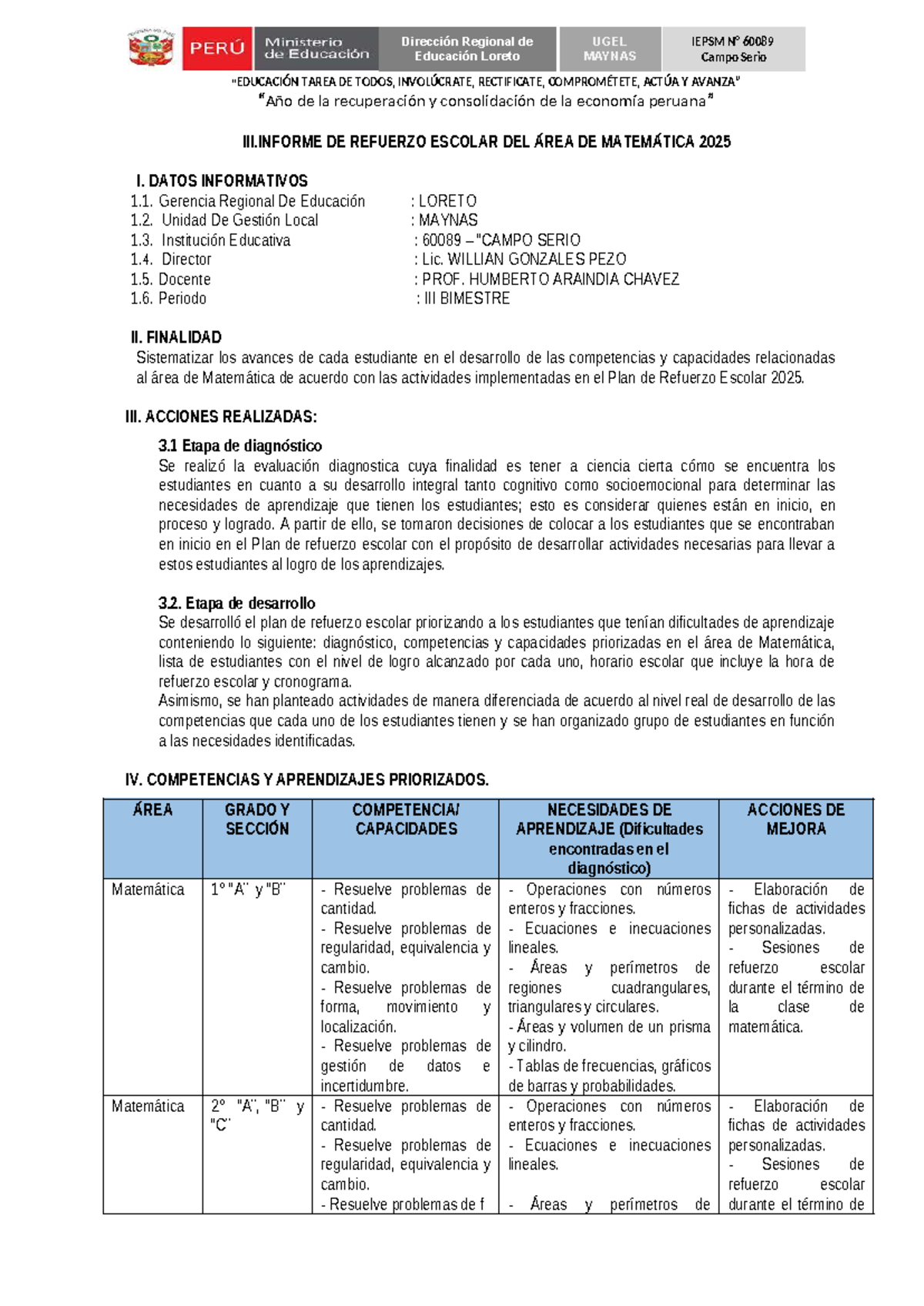 Informe de Refuerzo Escolar III en Matemática - 2025 (IEPSM 60089 ...