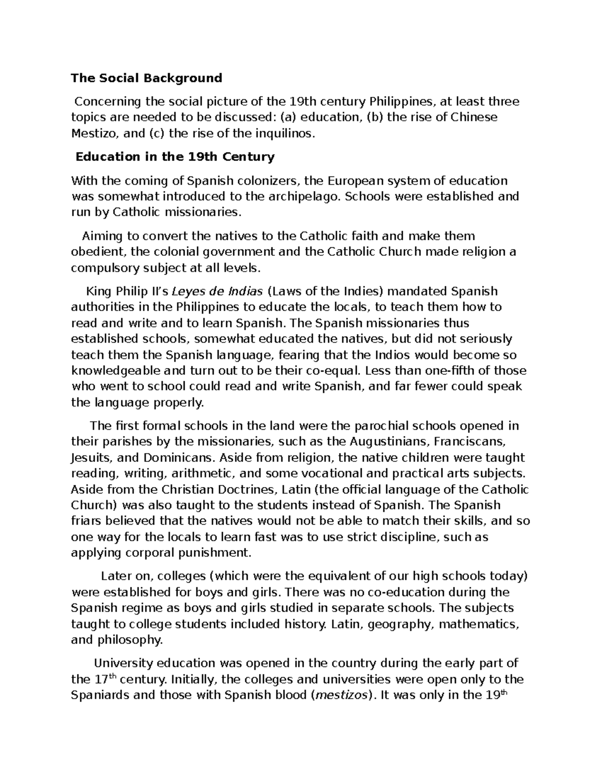 GN ED 9 Social Background: Education, Mestizos, and Inquilinos in 19th ...