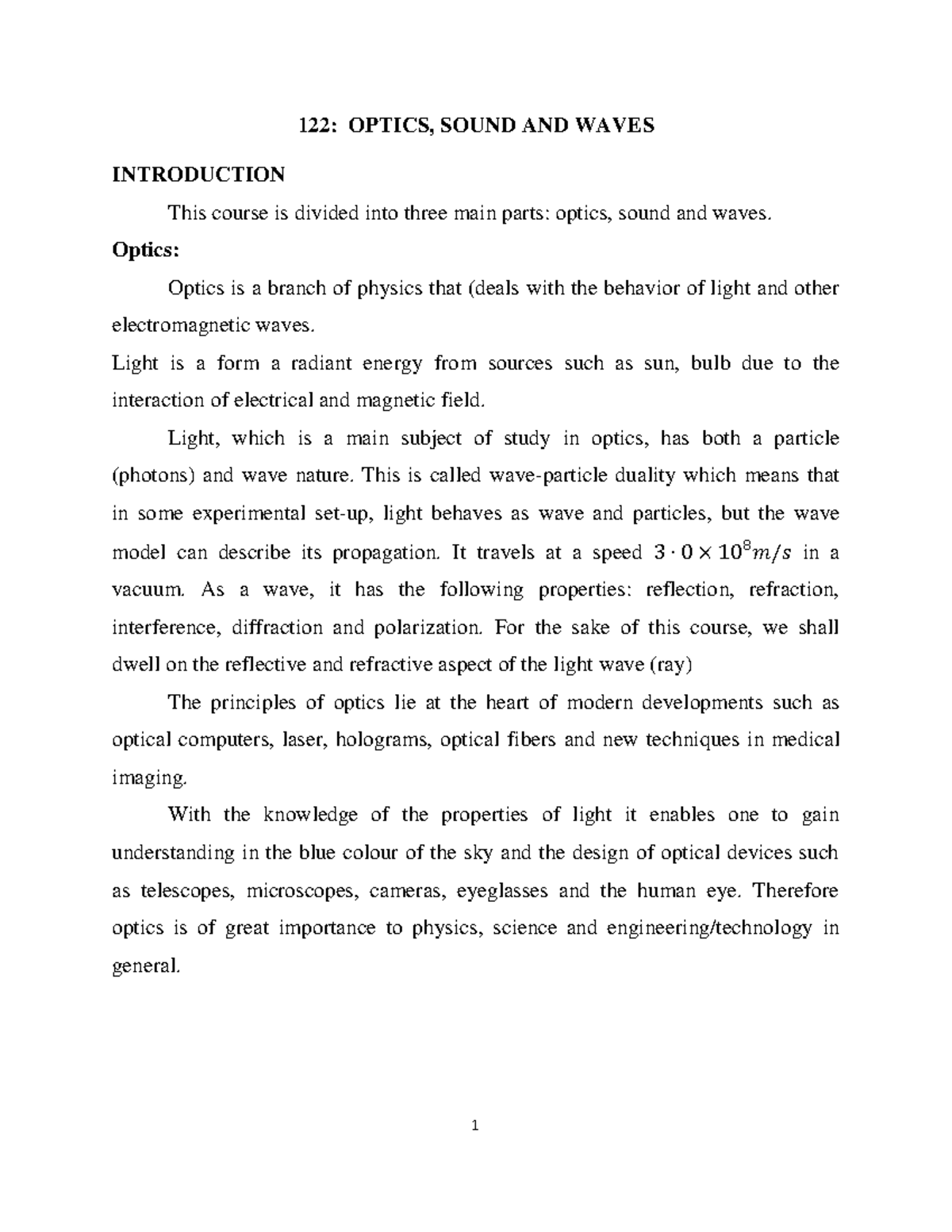 Physics 122: Introduction to Optics, Sound, and Waves Concepts - Studocu