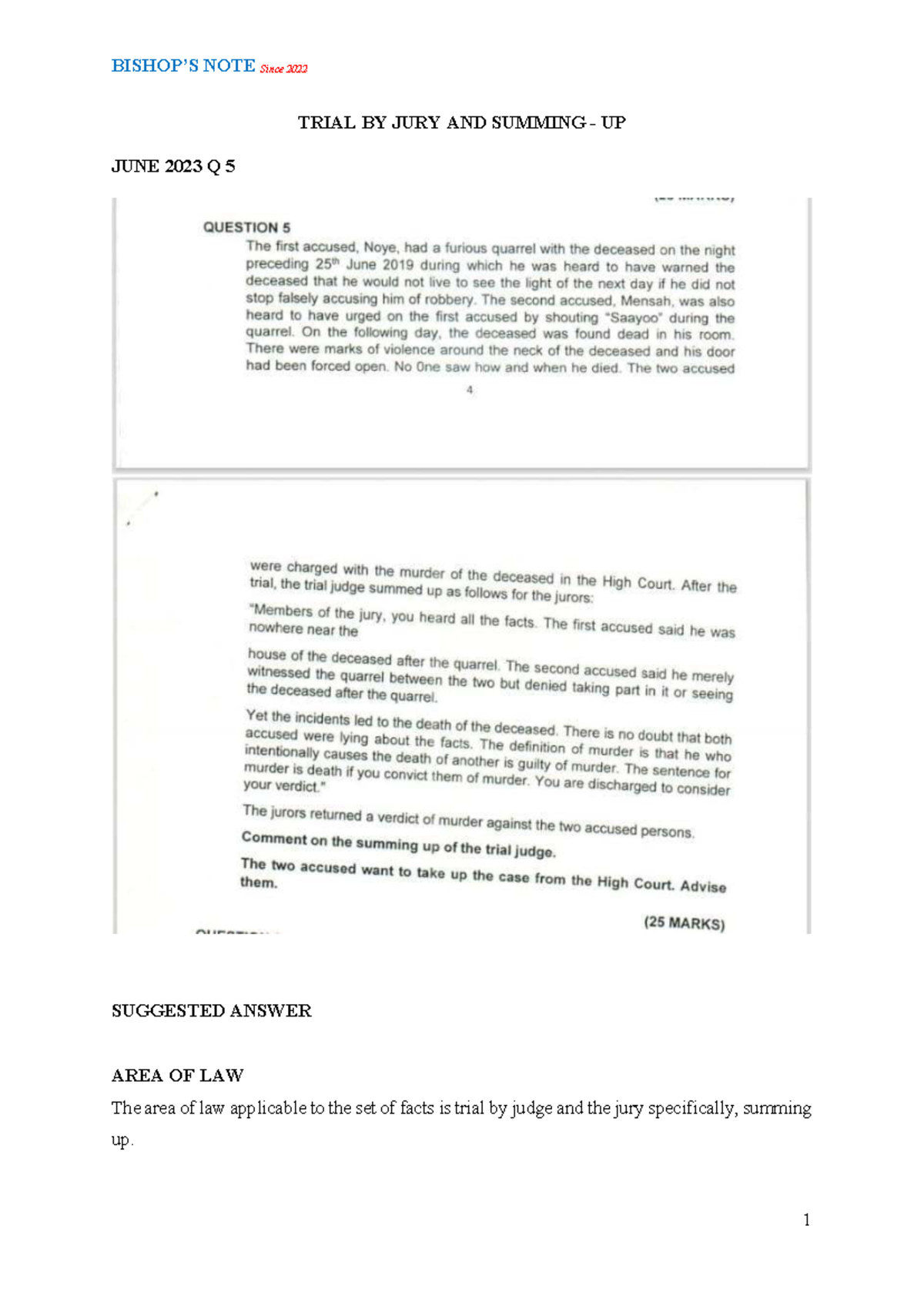LAW OF EVIDENCE (LE 2023) - Summing Up: Trial Judge & Jury Issues - Studocu