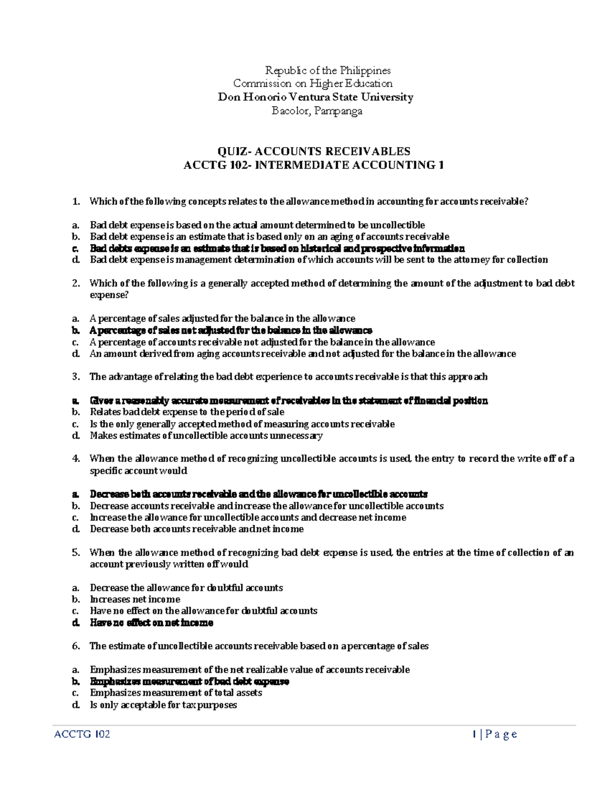QUIZ ACCTG 102: Accounts Receivable Solutions & Answers - Studocu