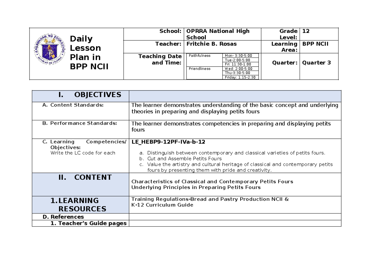 Daily Lesson Plan: BPP NCII - Classical & Contemporary Petits Fours ...