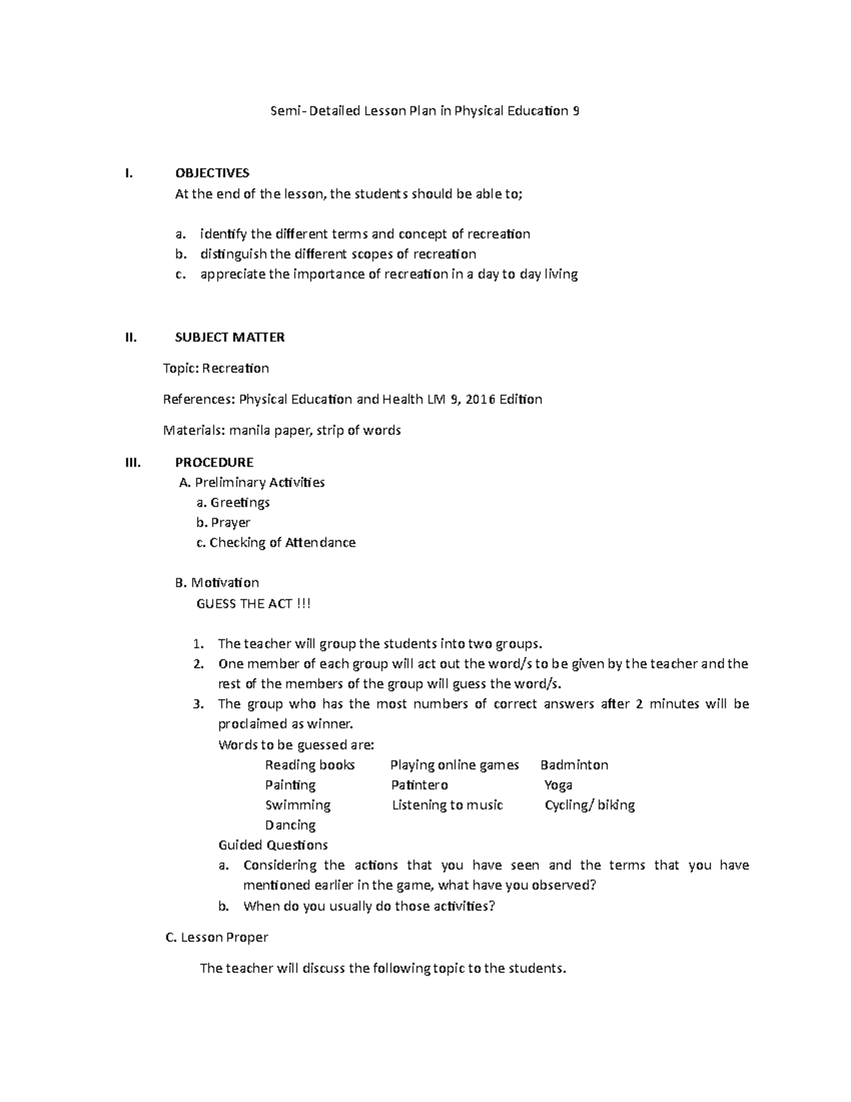 P.E. 9 Semi-Detailed Lesson Plan on Recreation Activities - Studocu