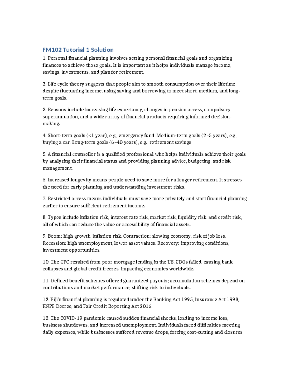 FM102 Tutorial 1 Solutions: Personal Financial Planning Insights - Studocu