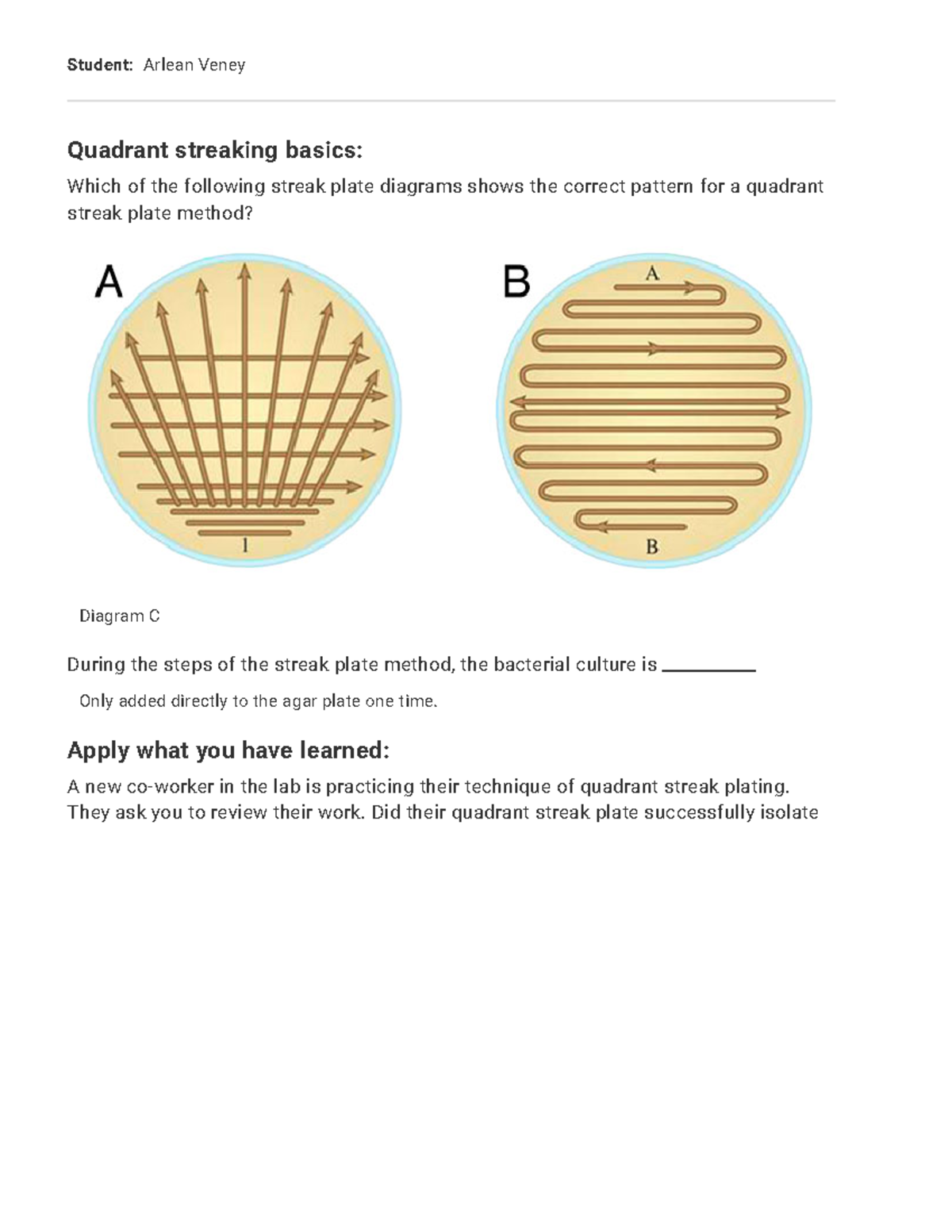 Micro lab notes - Student: Arlean Veney Quadrant streaking basics ...