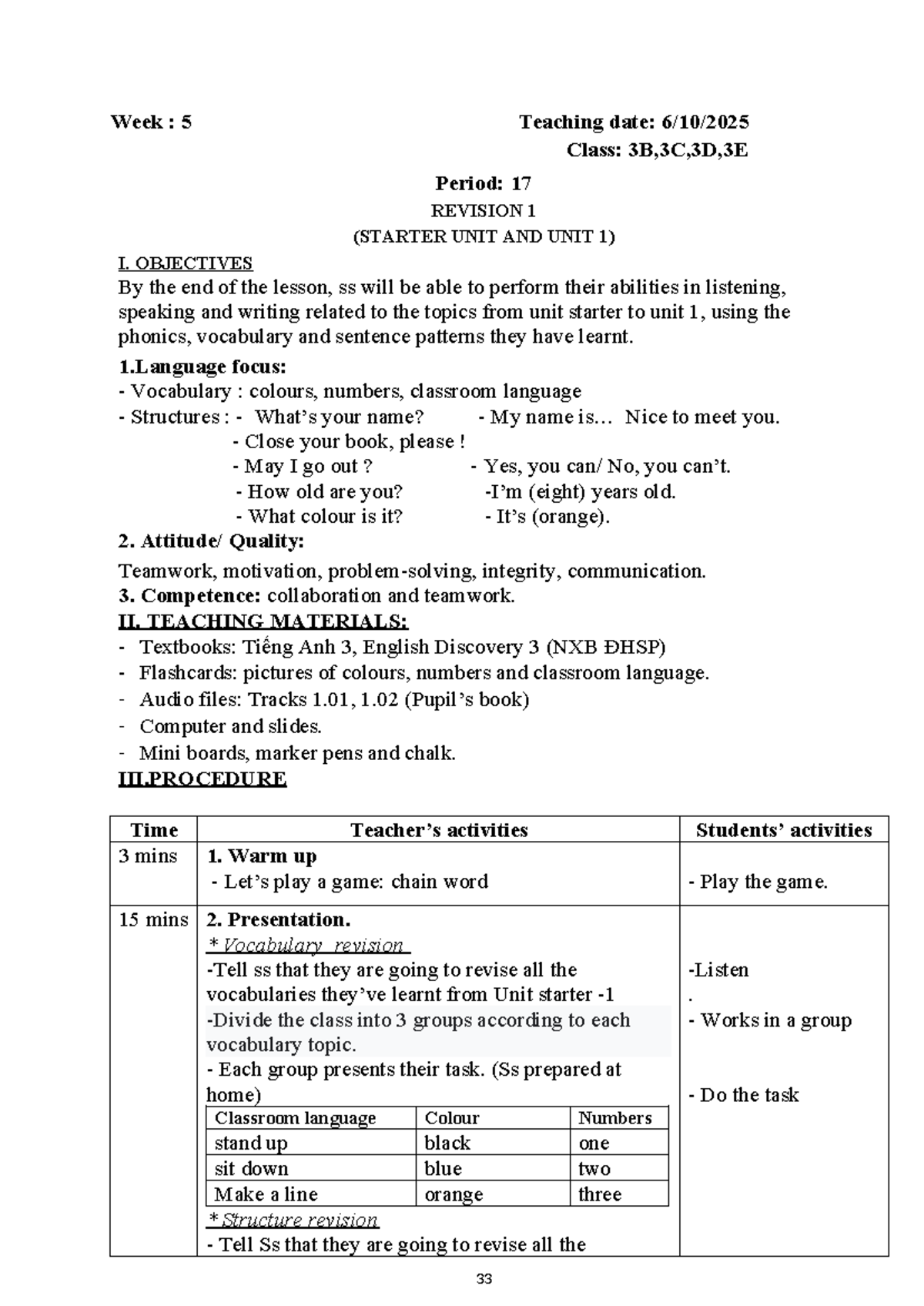 Revision Lesson Plan for Units Starter & 1 - Class 3B, 3C, 3D, 3E - Studocu