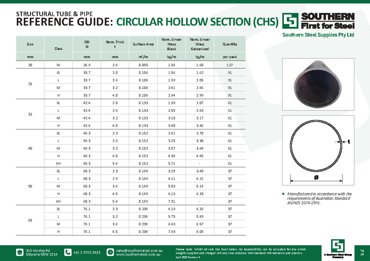 Southern Steel Supplies Structural Tube Pipe Reference Guide CHS - Studocu