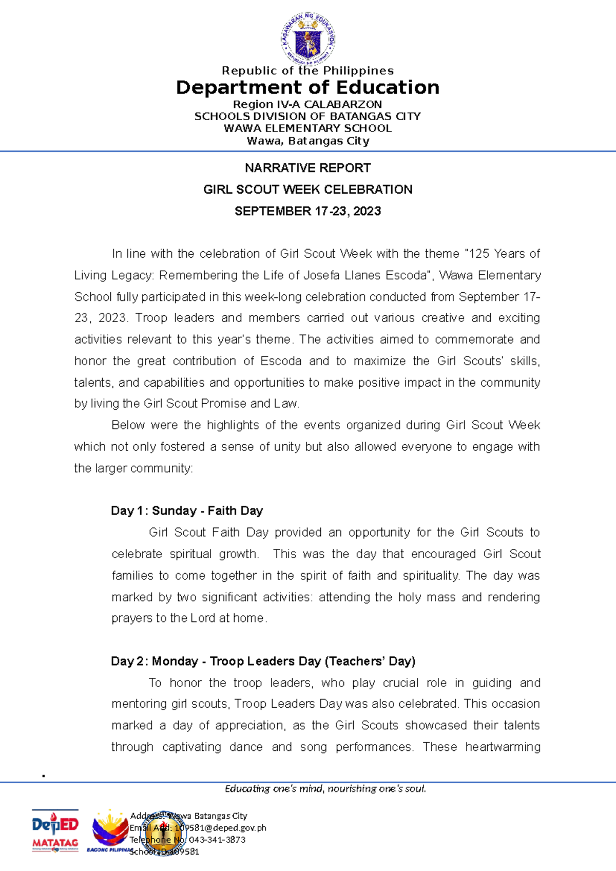 Narrative Report on Girl Scout Week Celebration (Sept 17-23, 2023 ...