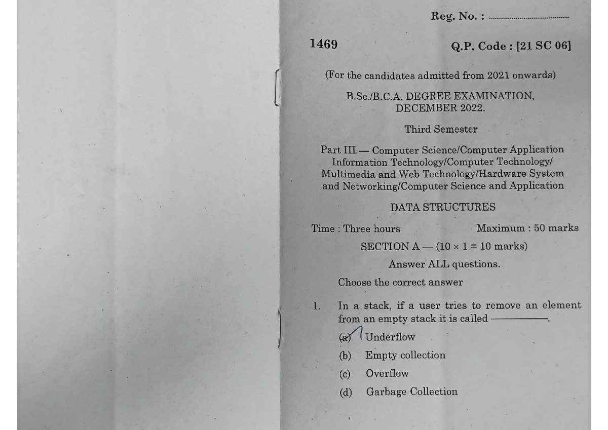 BCA Data Structures Final Exam QP (Dec 2022) - Studocu