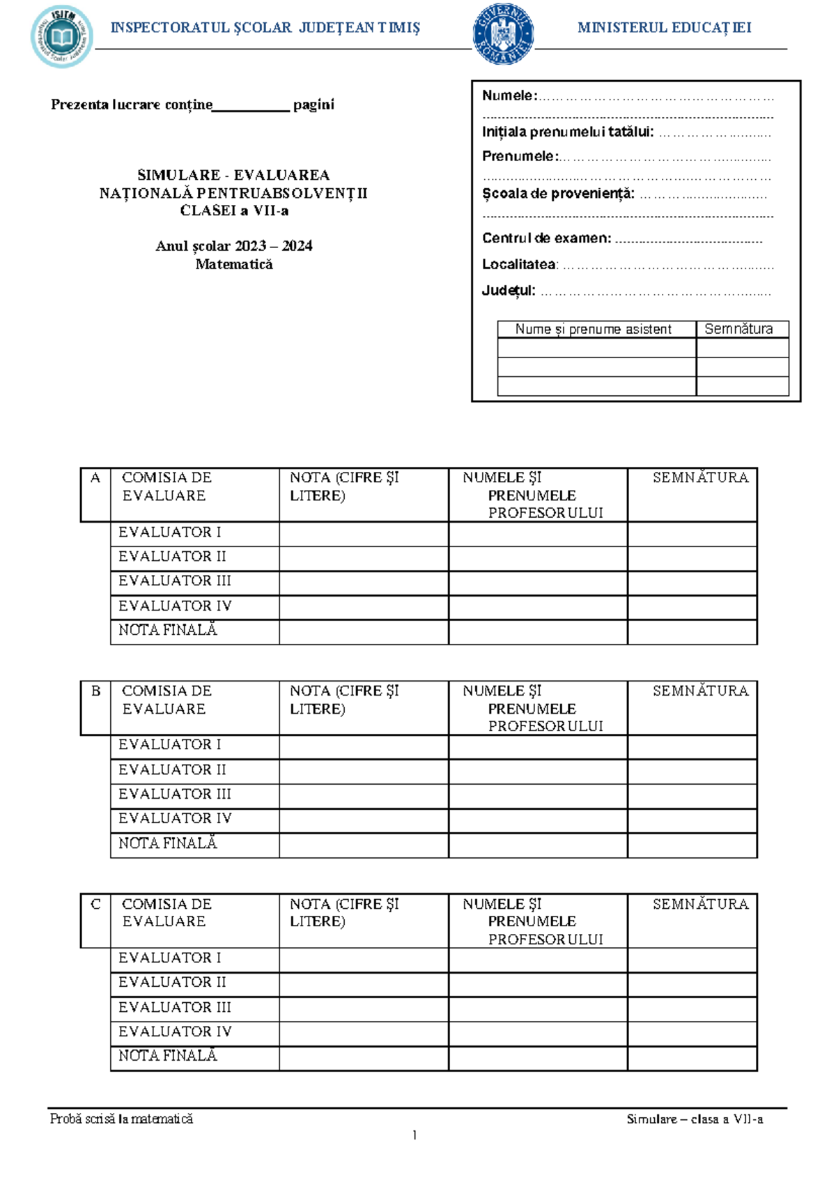 Simulare Matematica CLS VII - Evaluare Nationala MAI 2024 - Studocu