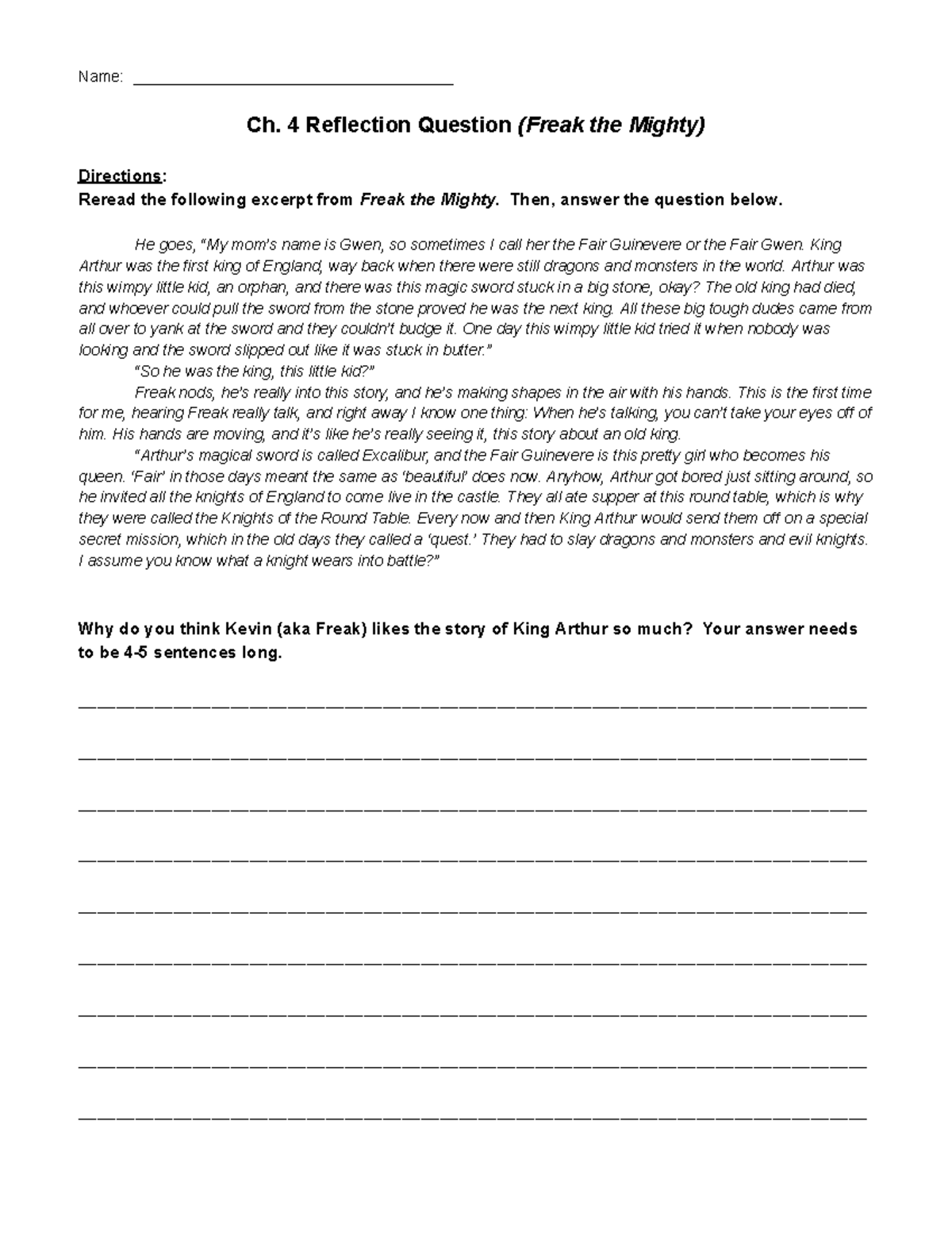 Ch. 4 Reflection Questions for "Freak the Mighty" Analysis - Studocu