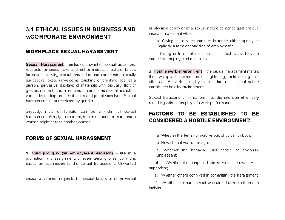 Business Ethics Reviewer: Addressing Workplace Sexual Harassment and ...