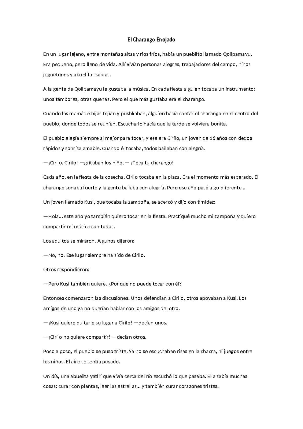 El Charango Enojado: Cuento en Quechua y Castellano - Studocu