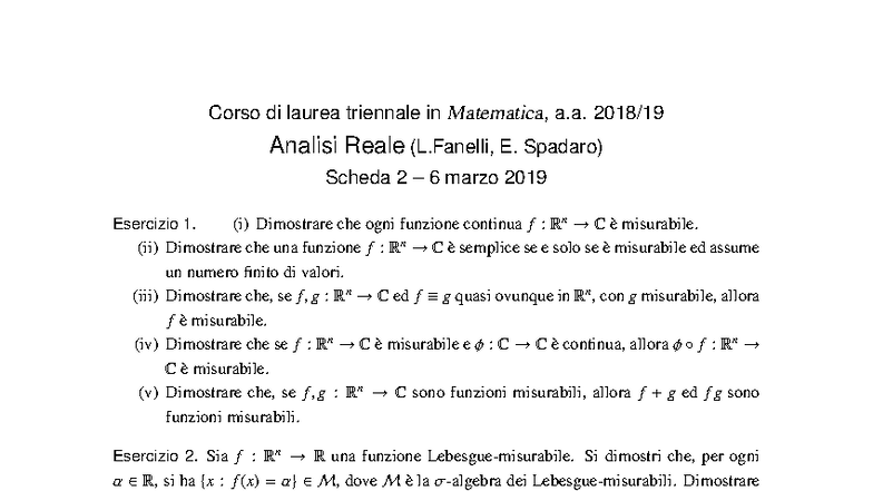 Esercizi di Analisi Matematica - Corso di Laurea in Matematica - Studocu