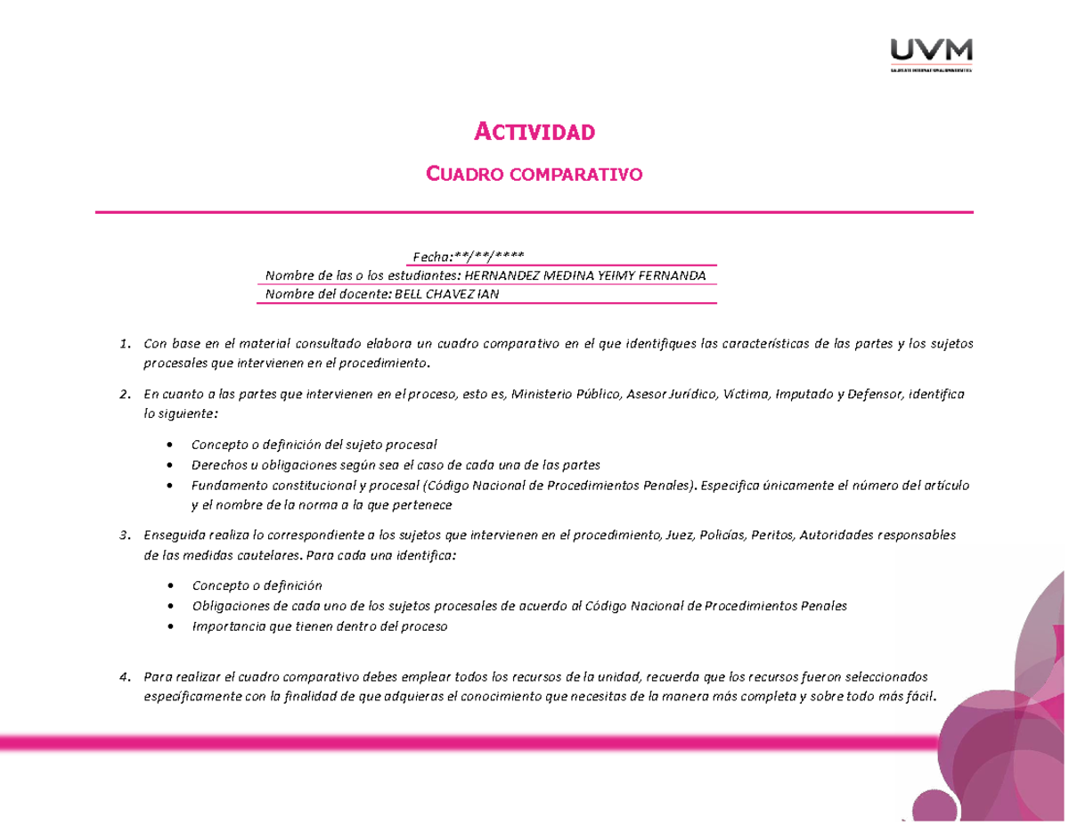 Cuadro Comparativo de Sujetos Procesales - Actividad 3 CCC - Studocu