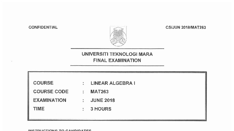 MAT263 Final Exam June 2018 - Linear Algebra I Past Paper - Studocu