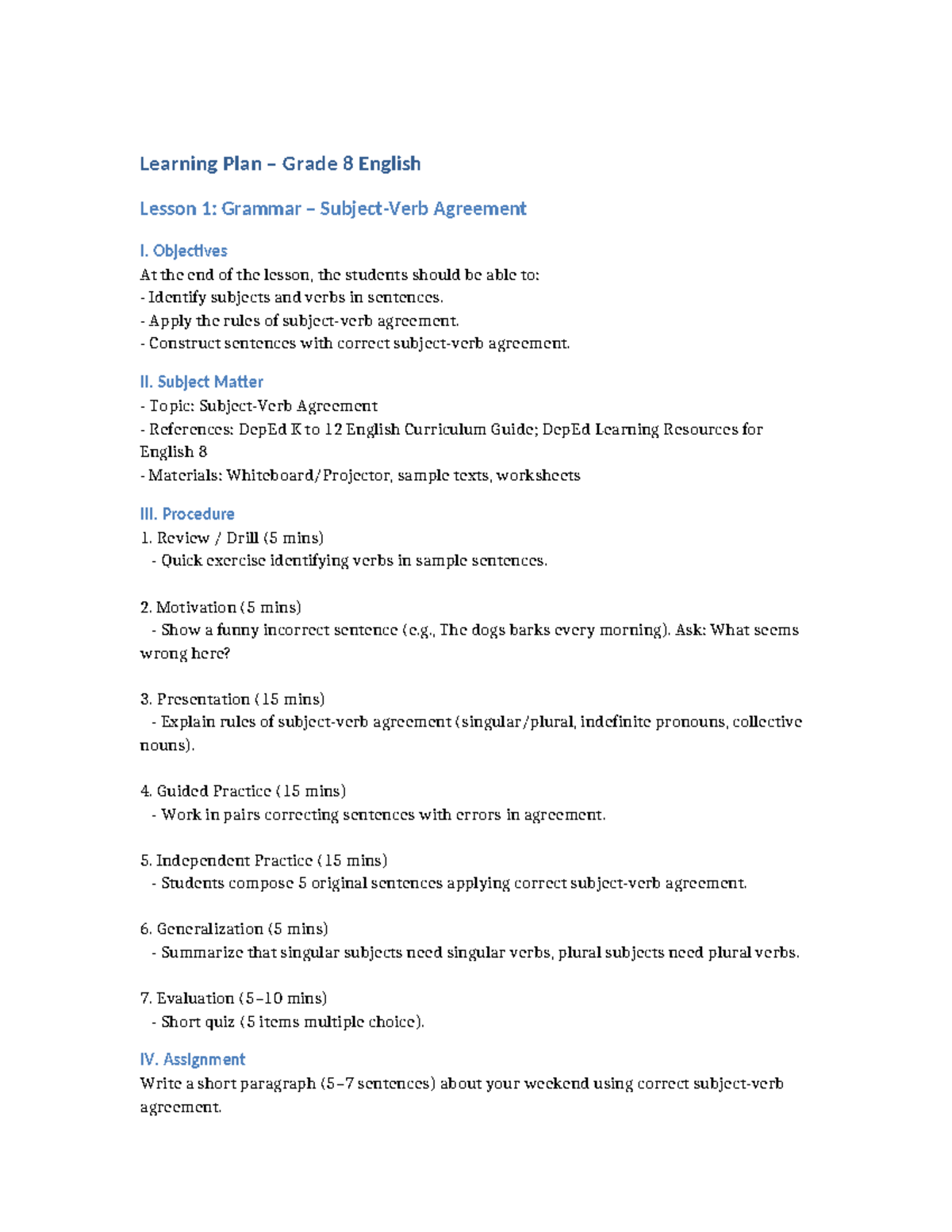 Grade 8 English Lesson Plan: Grammar Agreement & Descriptive Writing ...