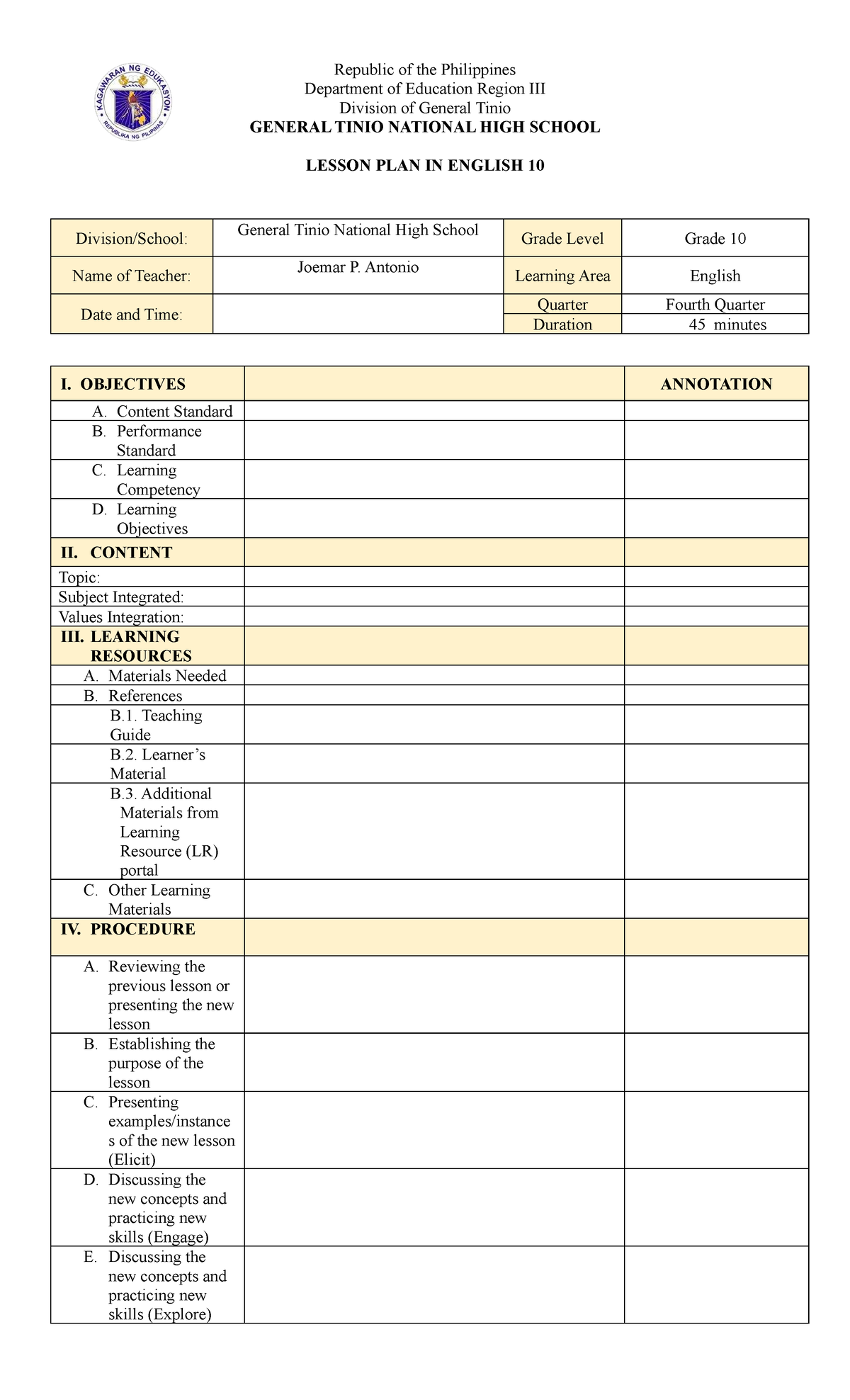 EN10 Detailed Lesson Plan for Grade 10 - 4th Quarter - Studocu