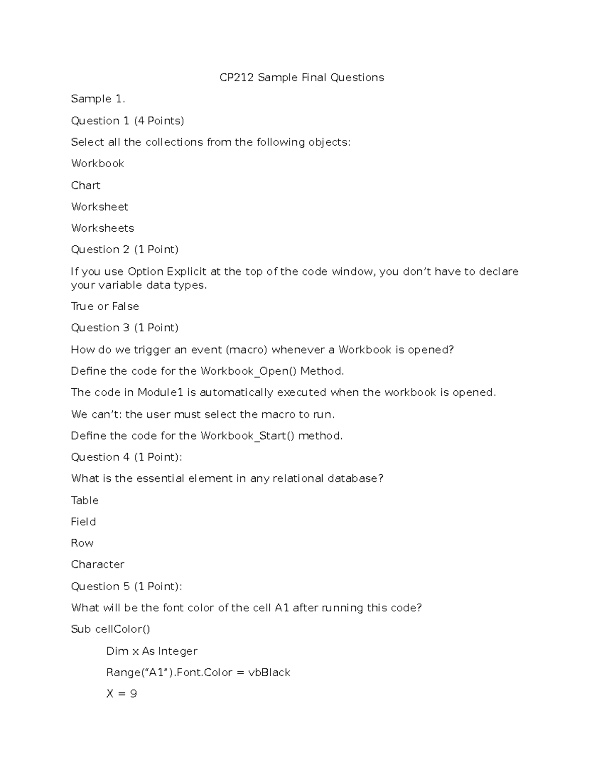 CP212 sample final exam questions and answers for VBA - Studocu