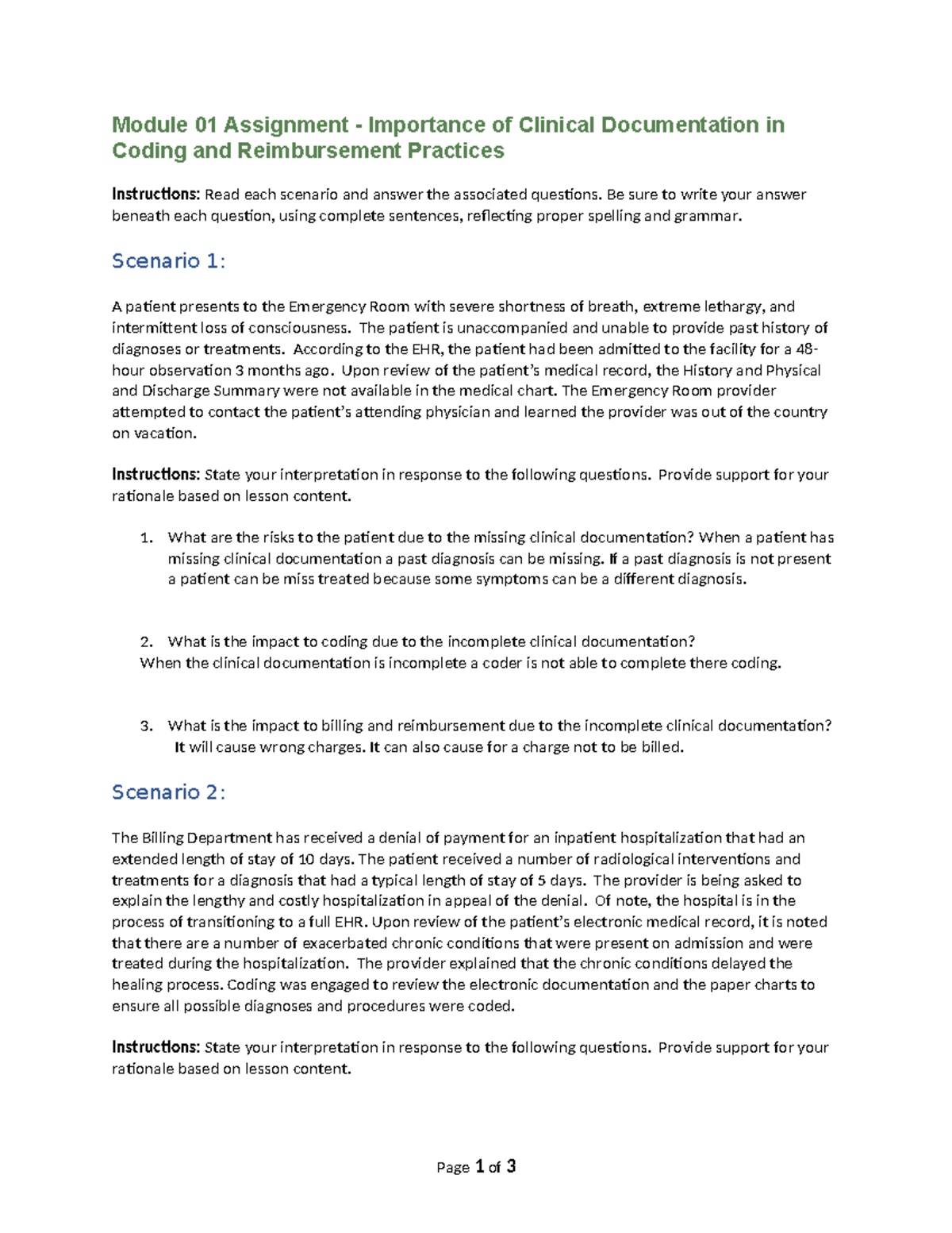 Module 01 Assignment - Clinical Documentation in Coding & Billing - Studocu