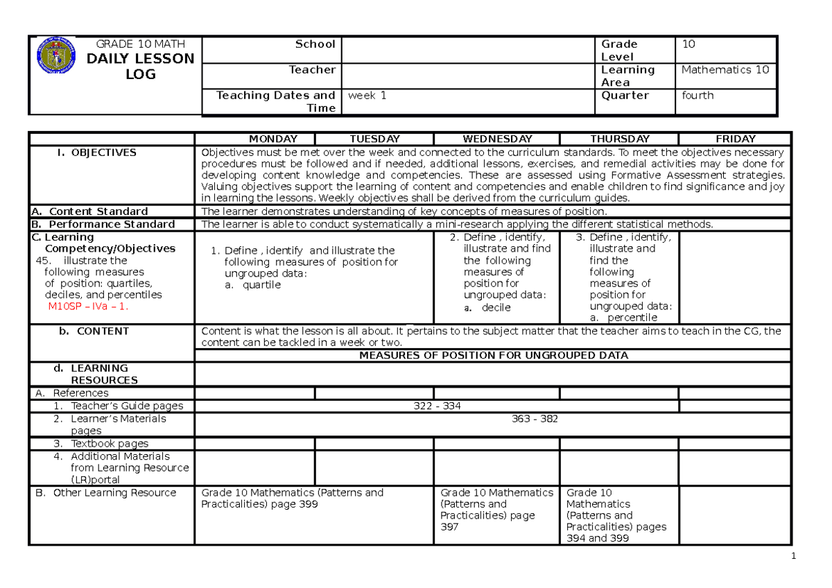 Grade 10 - 4th Quarter, week 1 - GRADE 10 MATH DAILY LESSON LOG School ...