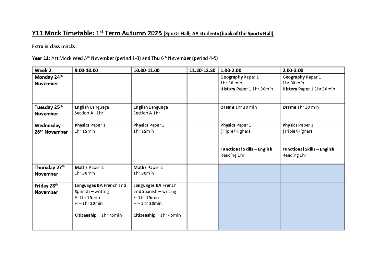Y11 Term 1 Mock Timetable: Autumn 2025 for Sports AA Students - Studocu