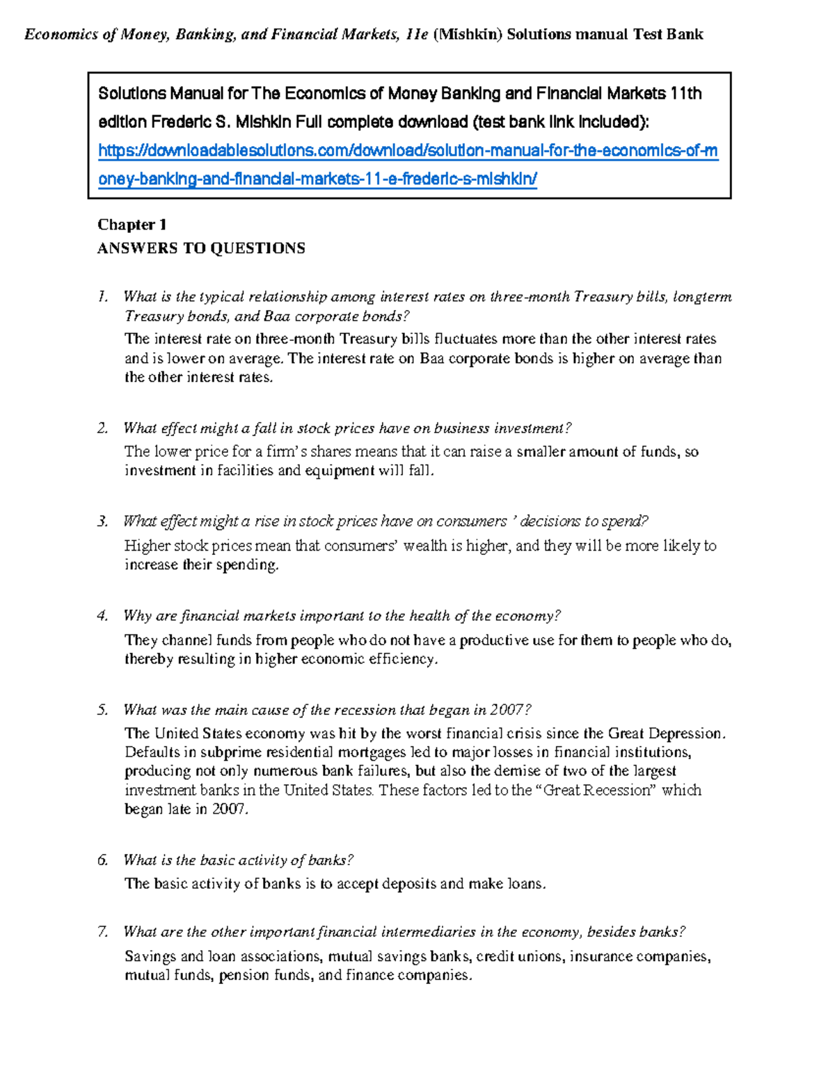 Economics of Money, Banking, and Financial Markets (11e) Test Bank ...