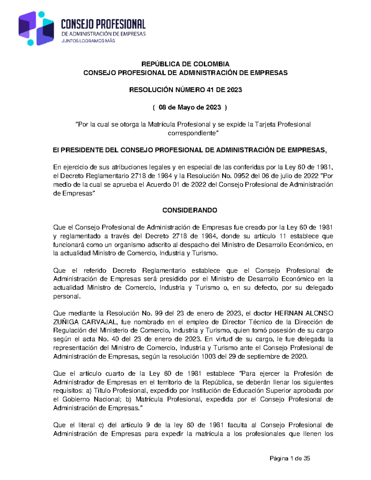 Resolución No. 41 de 2023: Matrícula Profesional en Administración ...