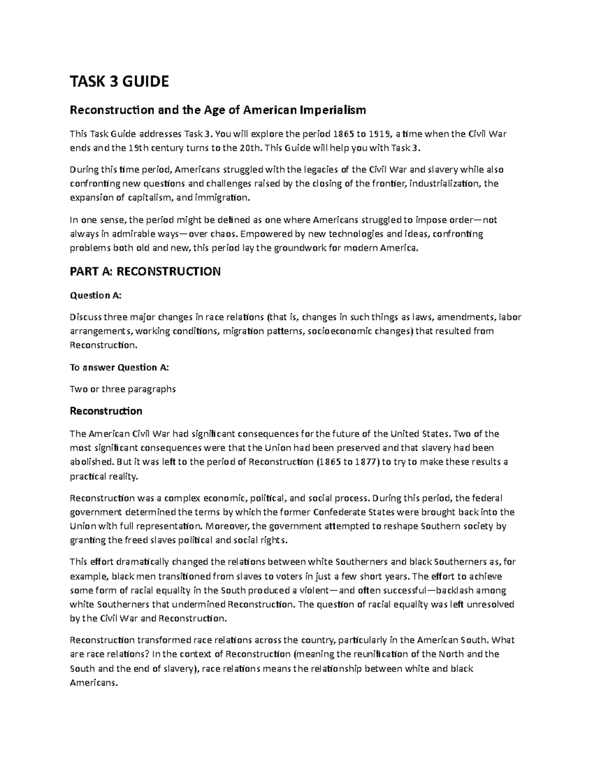 Survey of United States History Task 3 - TASK 3 GUIDE Reconstruction ...