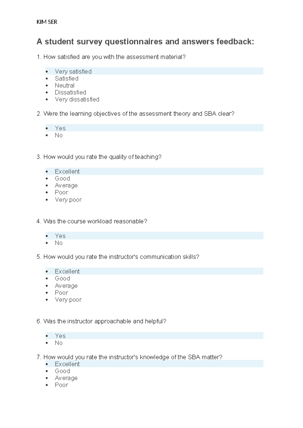 KIM SER A Student Survey Feedback on Assessment & Teaching Quality ...
