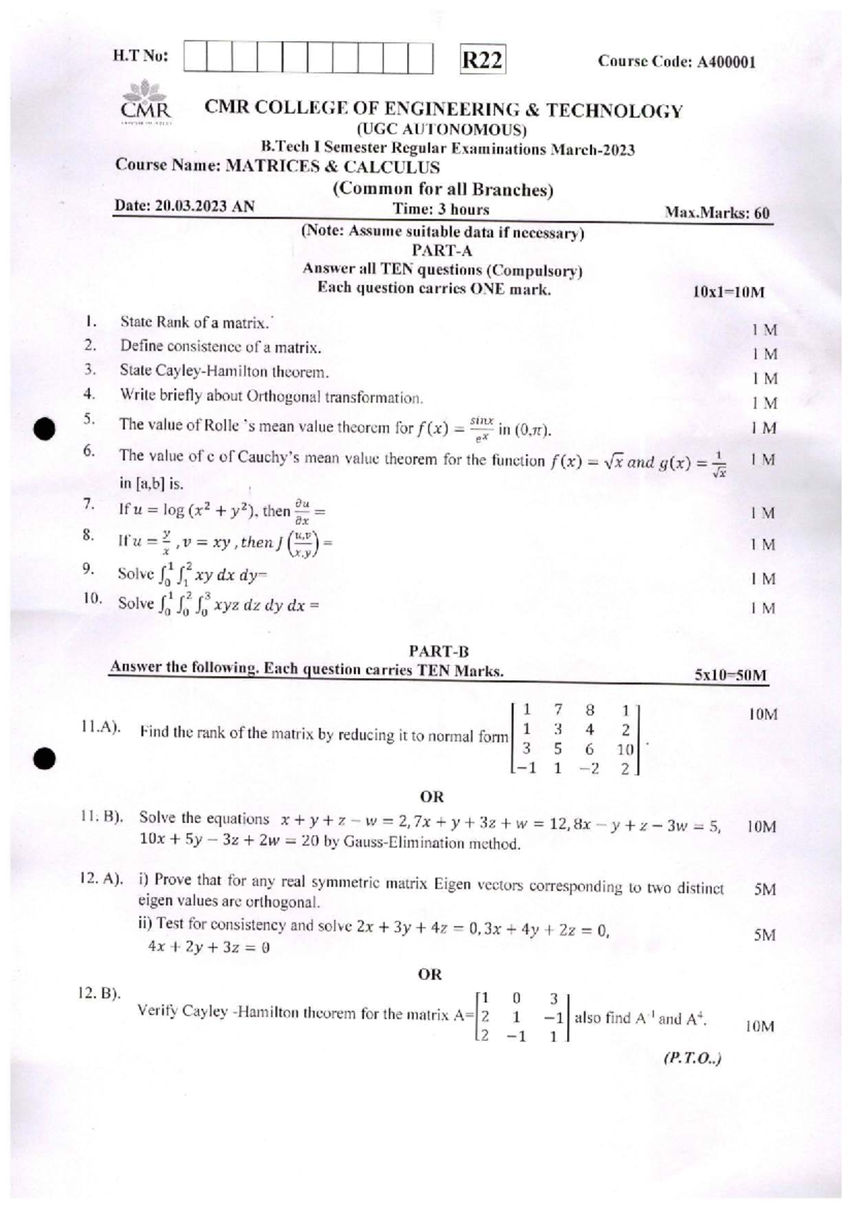 R22 B.Tech I Sem Regular Exam March 2023: Comprehensive Question Papers ...