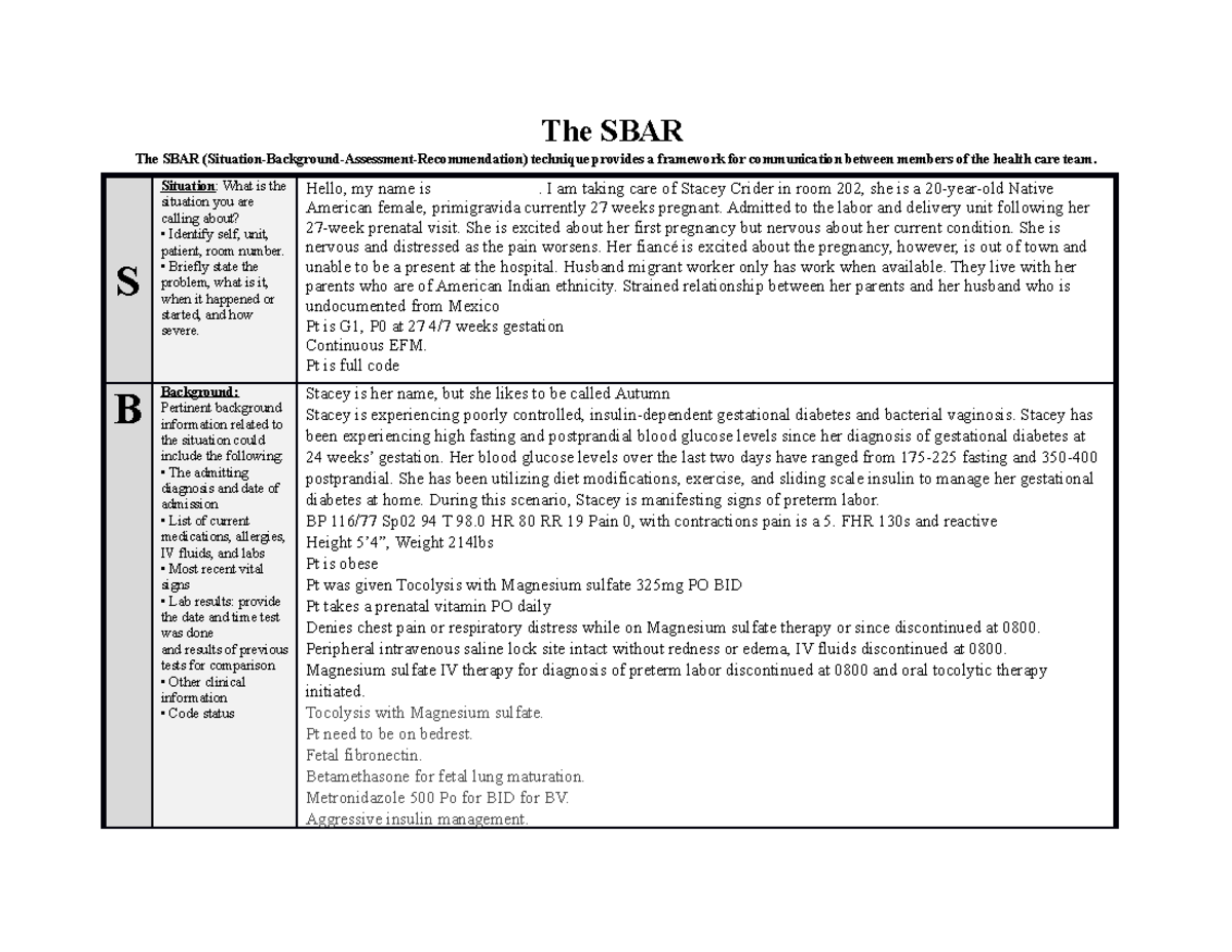 Maternal Health Clinical 3 SBAR - The SBAR The SBAR (Situation ...