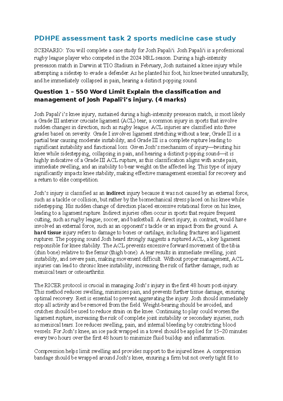 PDHPE Assessment Task 2: Sports Medicine Case Study on Josh Papali’i ...