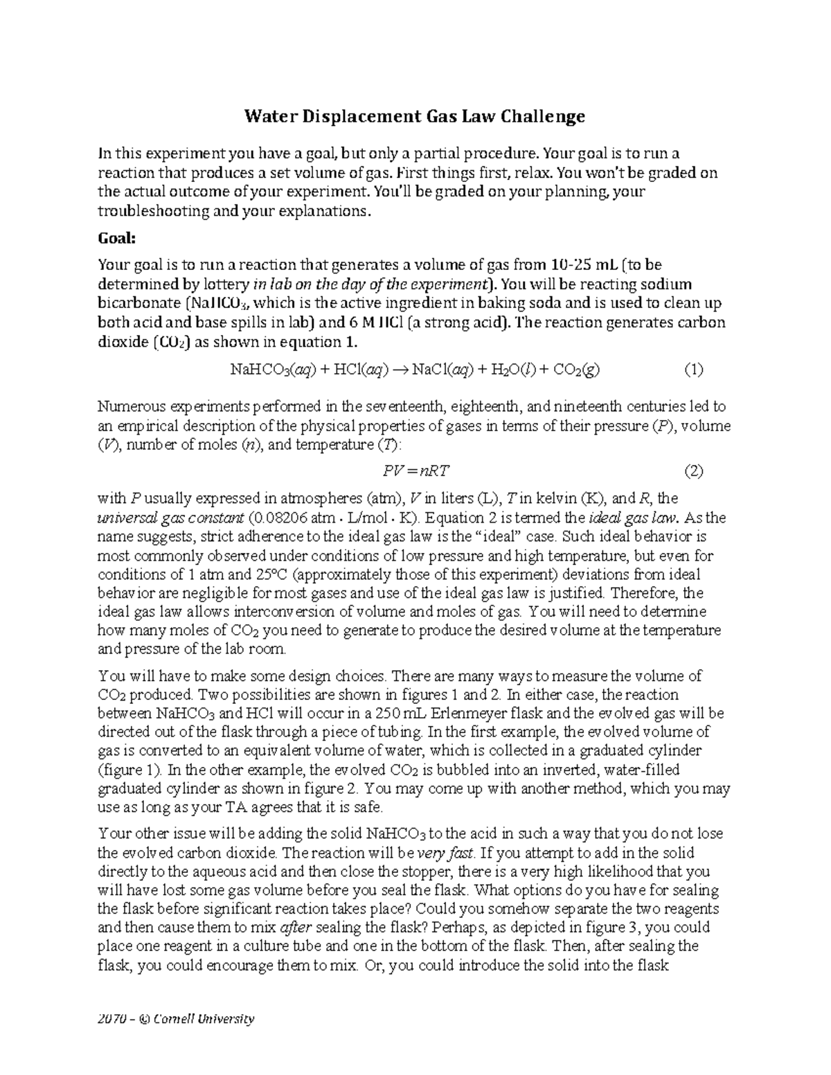 2070 Cornell University Water Displacement Gas Law Challenge Lab Report ...