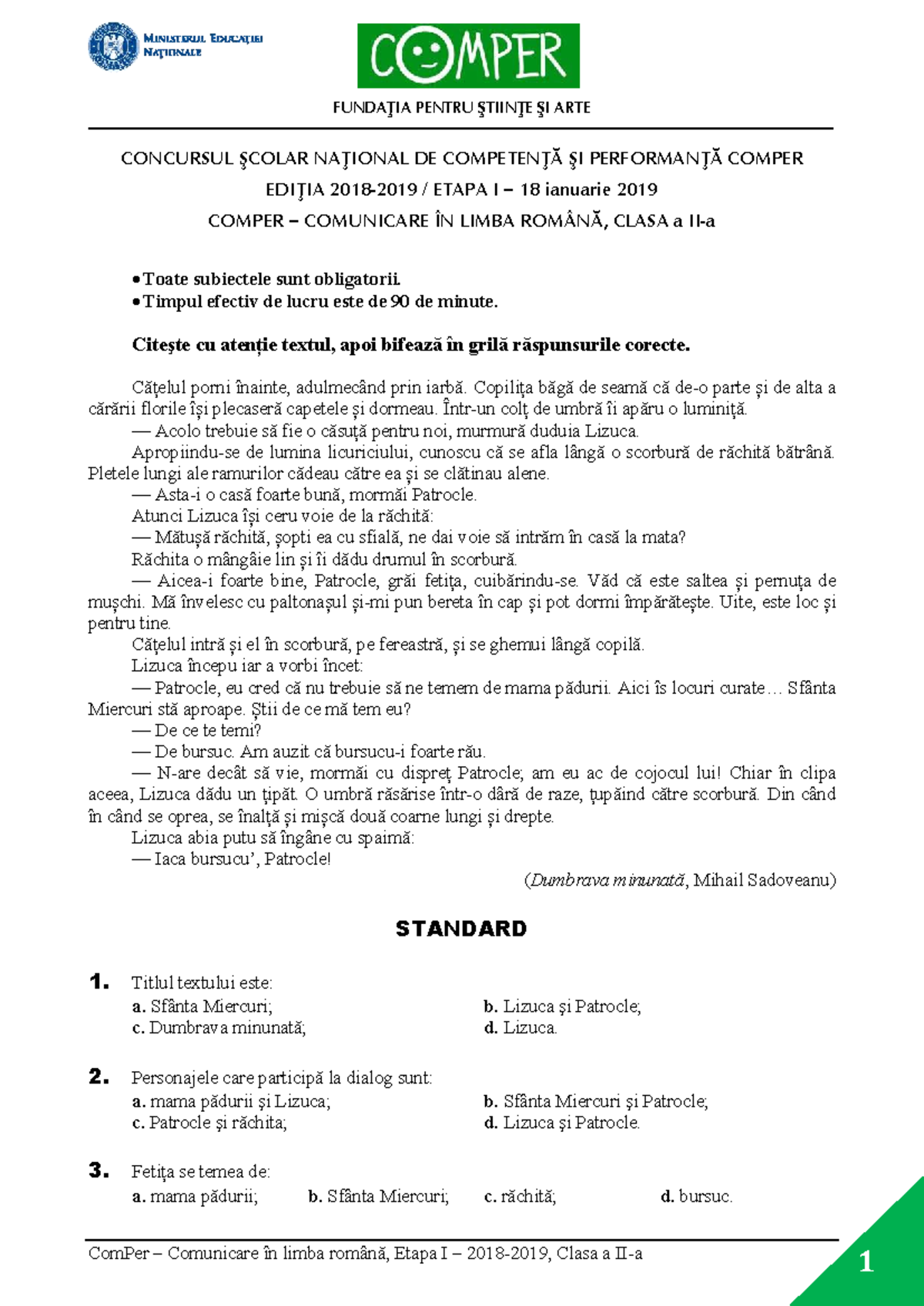 Subiecte ComPer Română Etapa I 2018-2019 Clasa a 2-a - Studocu