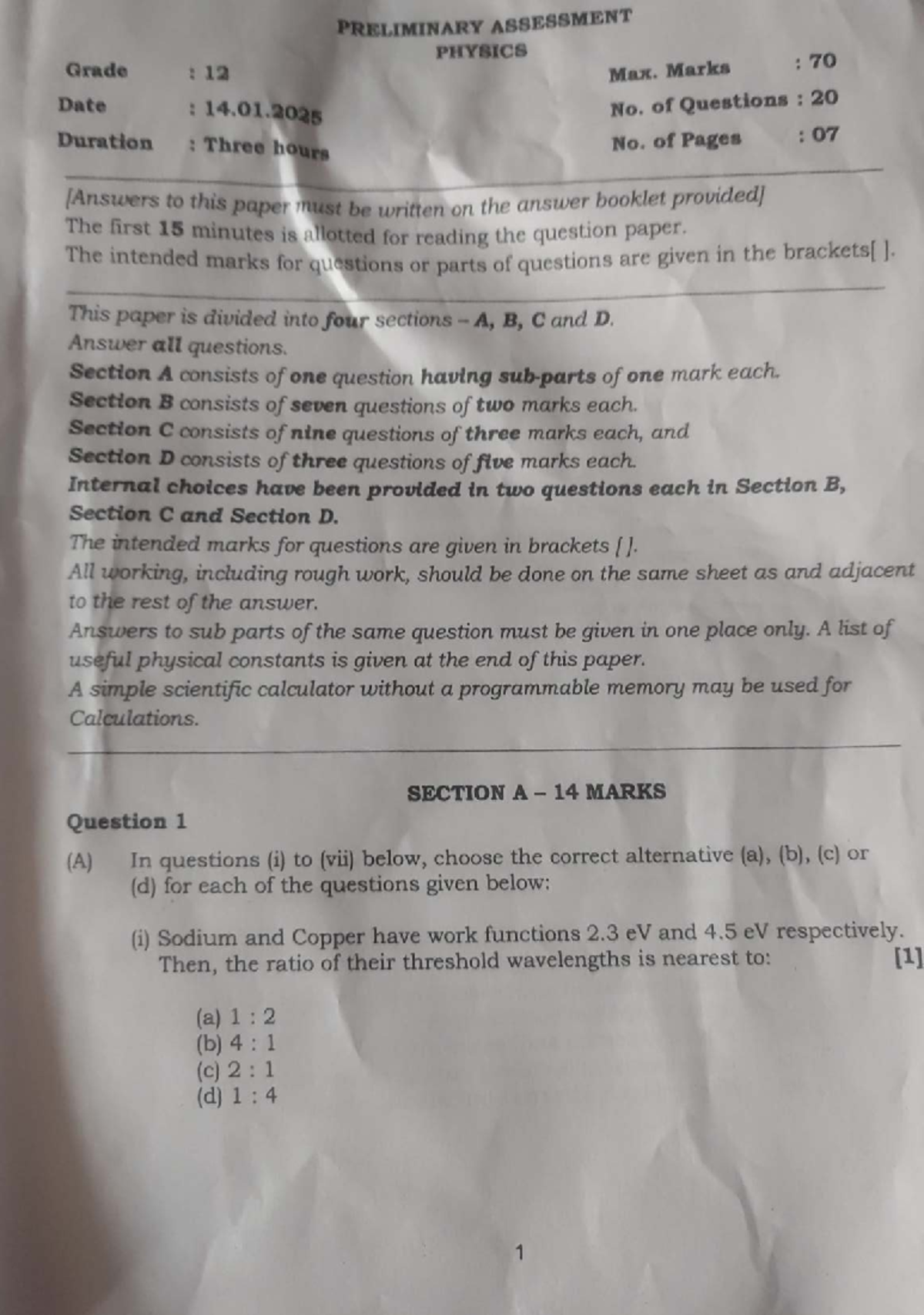 PRELIMINARY ASSESSMENT PHYSICS (Grade 12) - Max Marks: 70 - Studocu