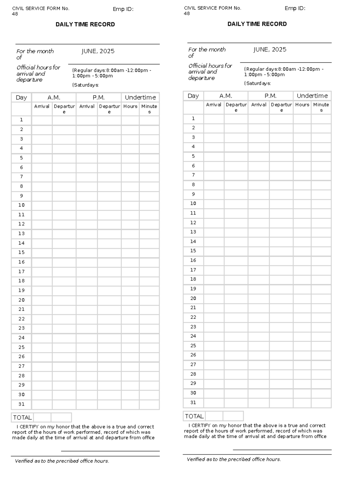 CIVIL SERVICE FORM No. 48: Daily Time Record for June 2025 - Studocu