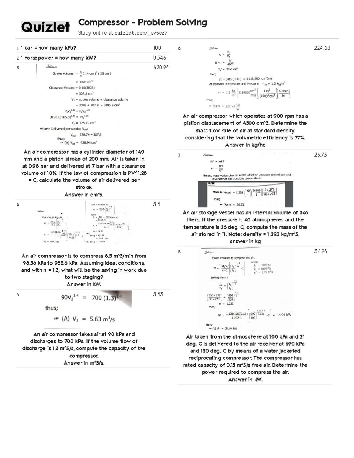 Compressor Problem Solving Study (ENGR 101) - Key Calculations and ...