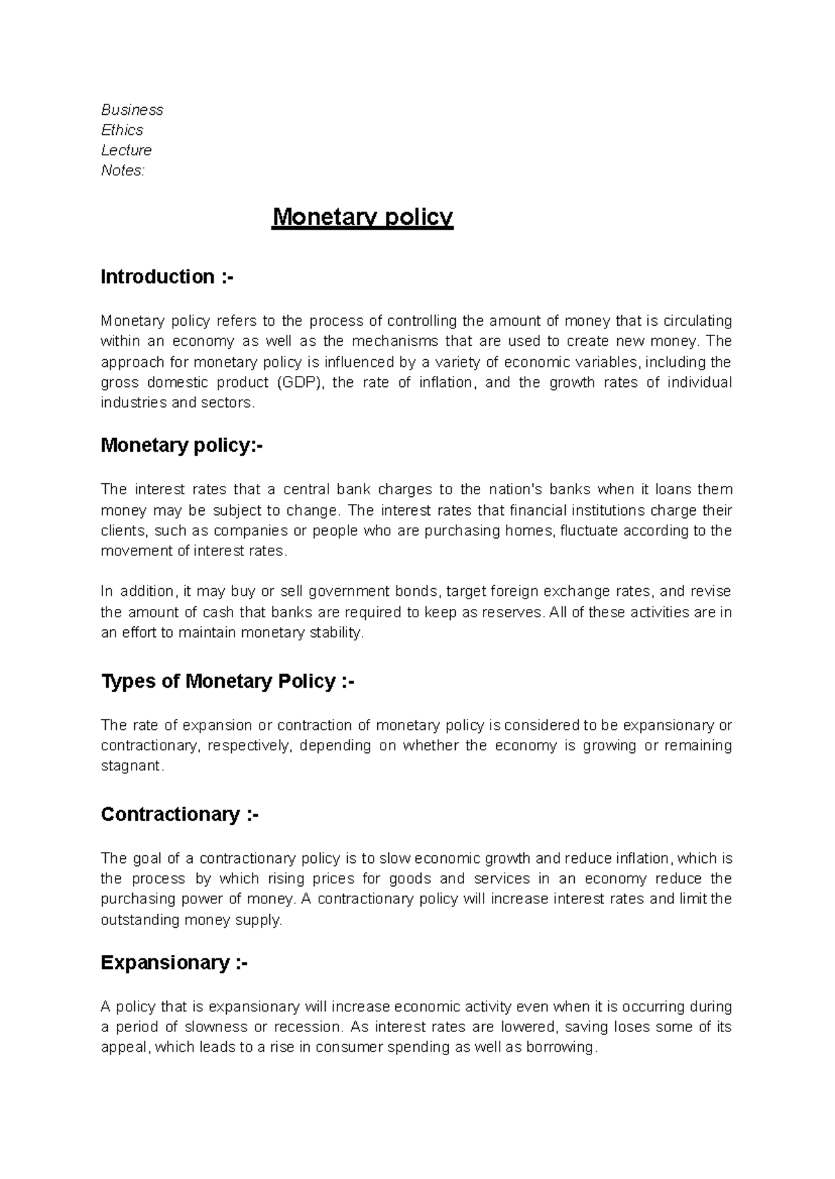 Monetary Policy Insights - Business Environment Class Lecture Notes ...