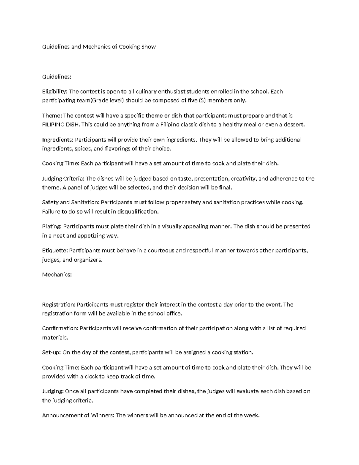 Cooking Show Guidelines: Filipino Dish Contest Mechanics - Studocu