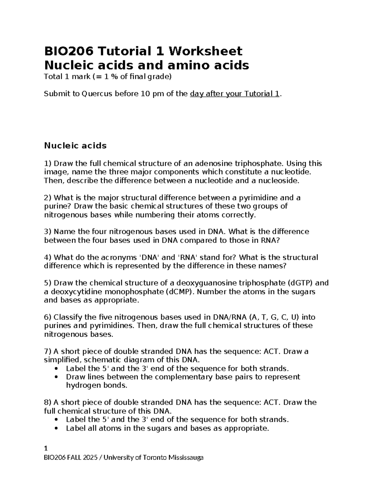 BIO206 Tutorial 1: Nucleic Acids & Amino Acids Worksheet - Studocu