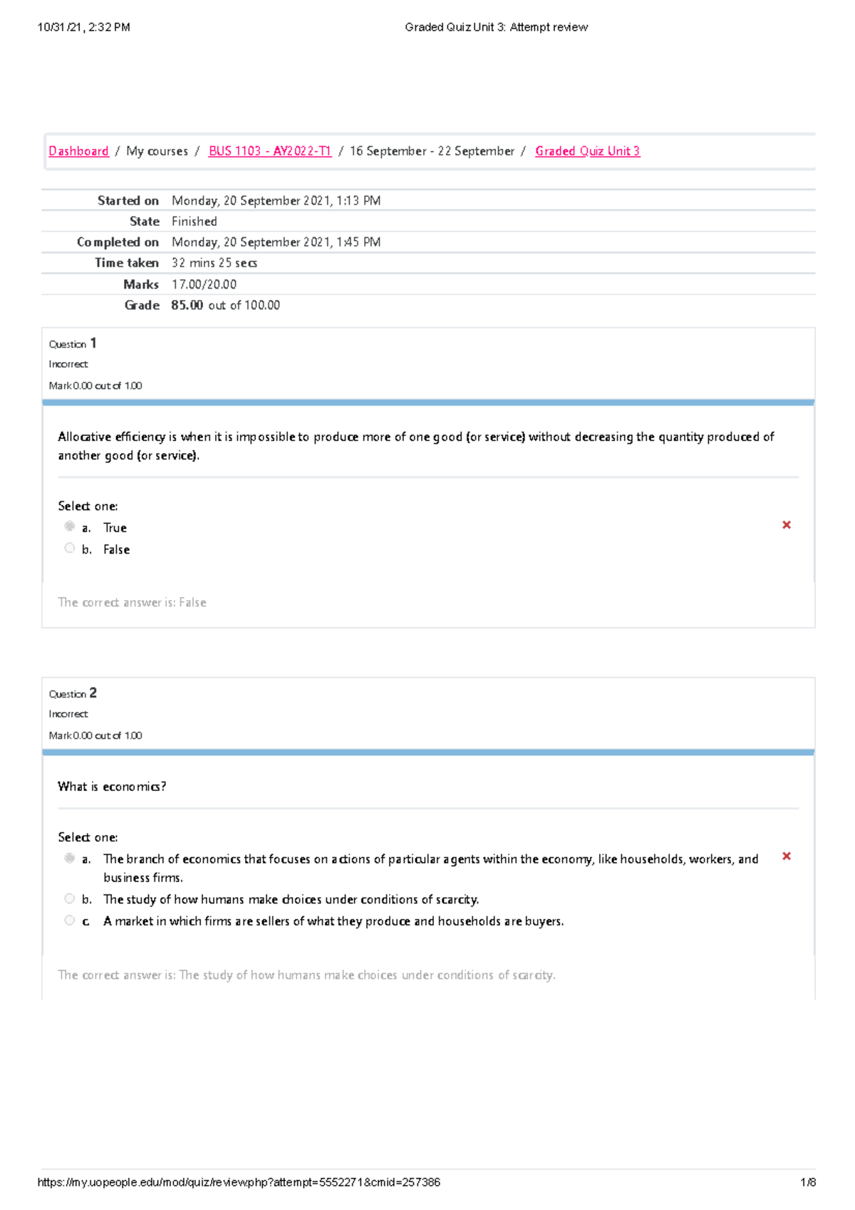 BUS 1103 Graded Quiz Results for Unit 3: Performance Overview - Studocu