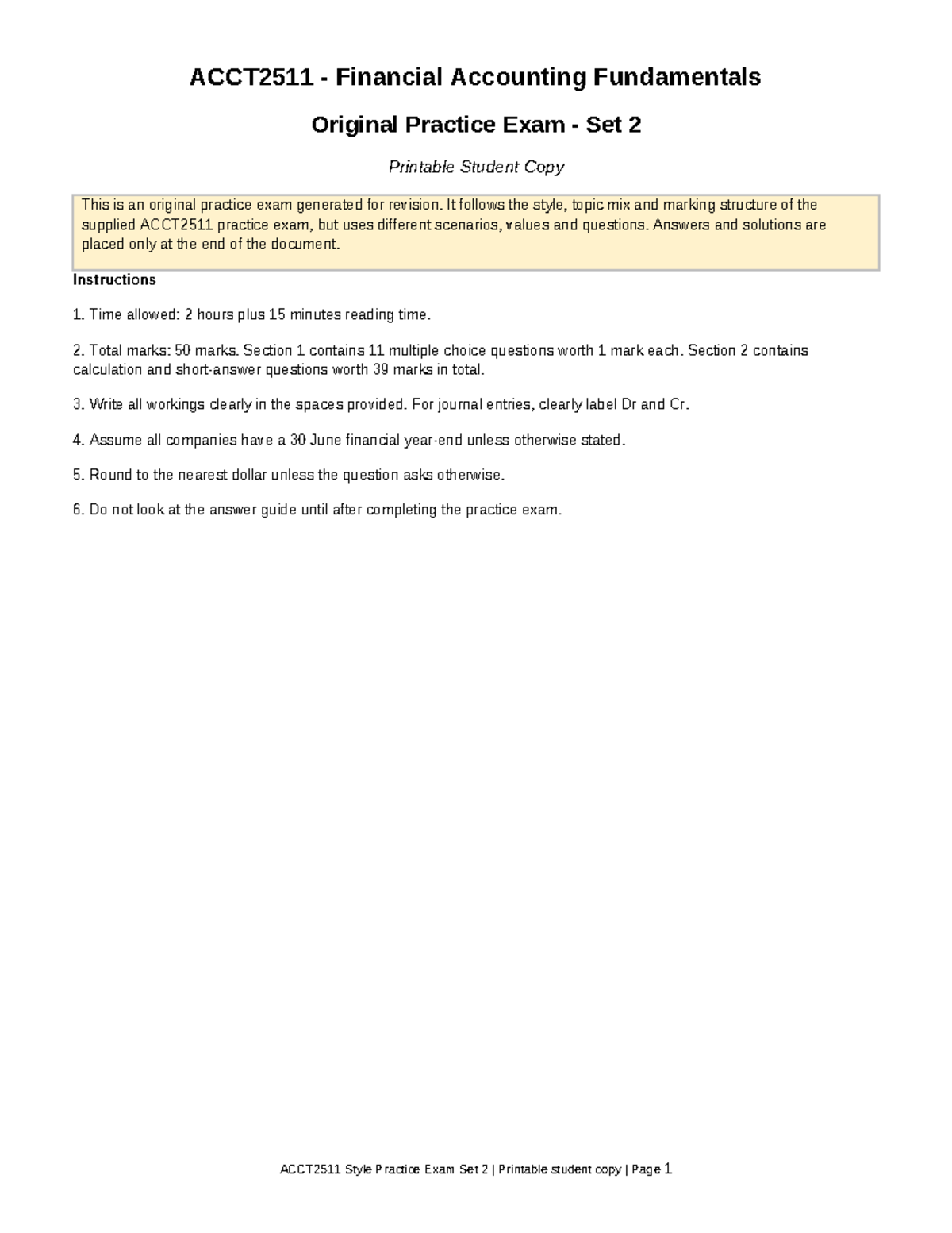 ACCT2511 Financial Accounting Practice Exam Set 2 - Student Copy - Studocu