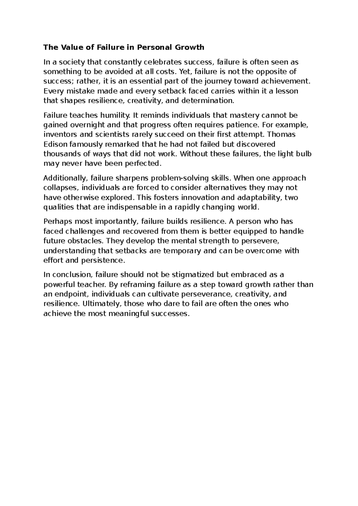 The Importance of Embracing Failure for Personal Growth - Studocu