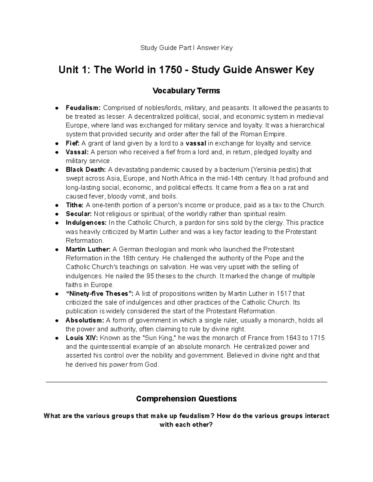 Unit 1 Study Guide Answer Key: The World in 1750 Overview - Studocu