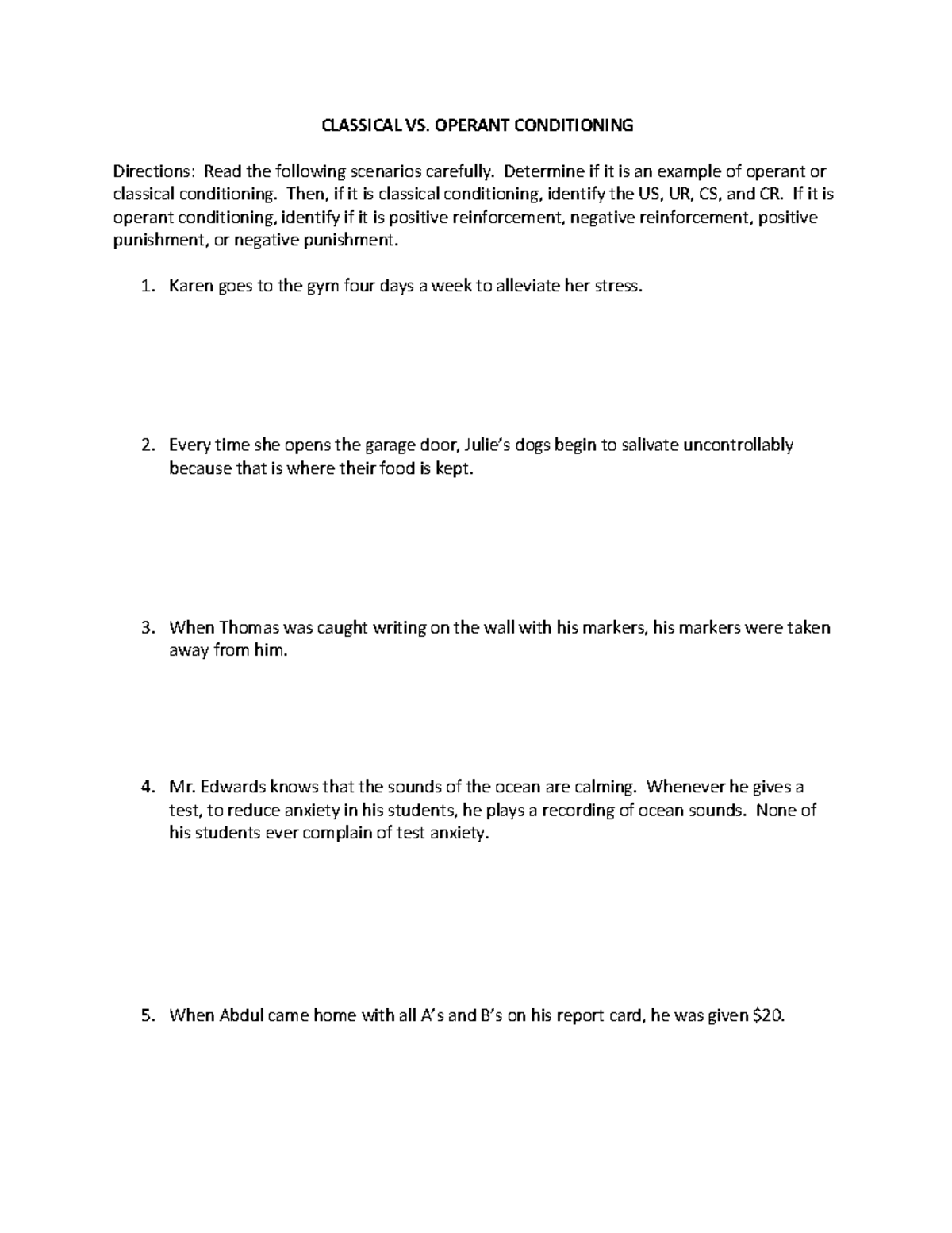 Classical vs. Operant Conditioning Worksheet - Psychology 101 - Studocu