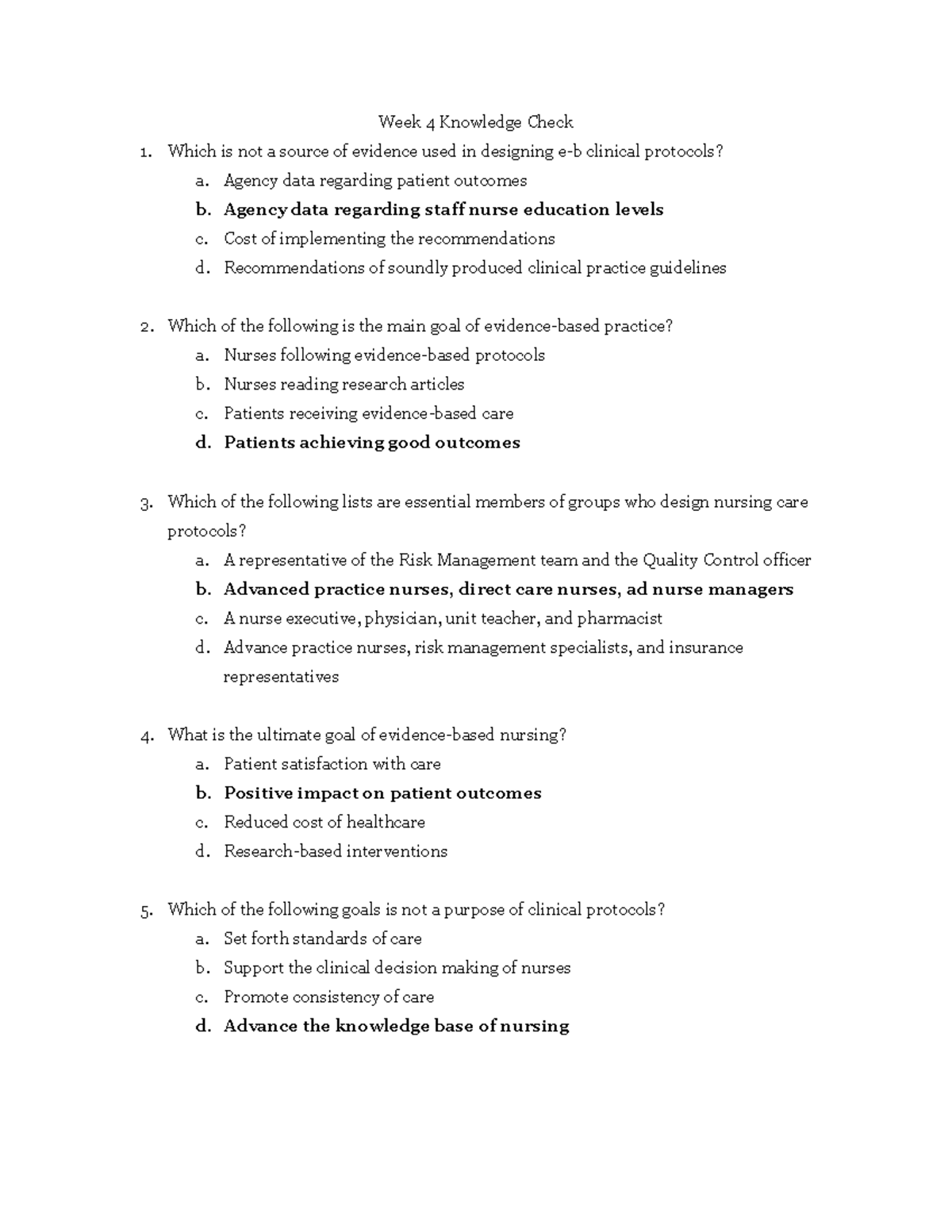N350 Week 4 Evidence-Based Nursing Knowledge Check - Studocu