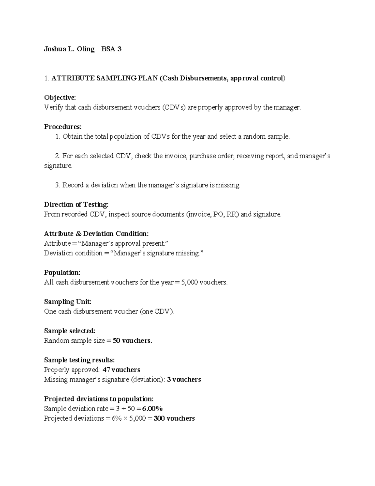 BSA 3: Audit Sampling Plans for Cash Disbursements & A/R - Studocu